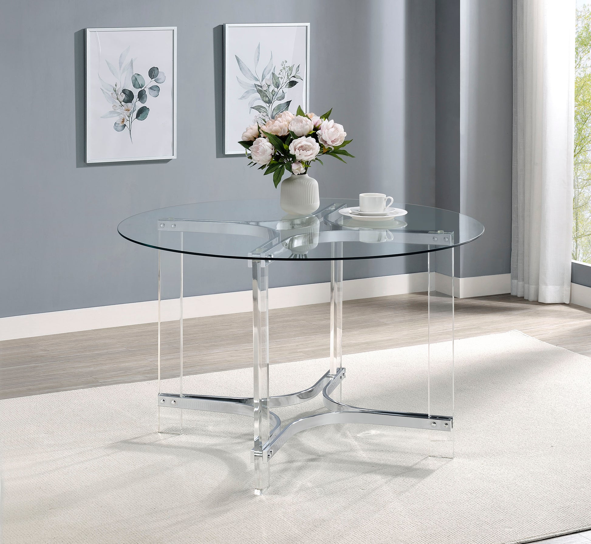 Keeling 47 inch Round Glass Top Acrylic Dining Table Chrome